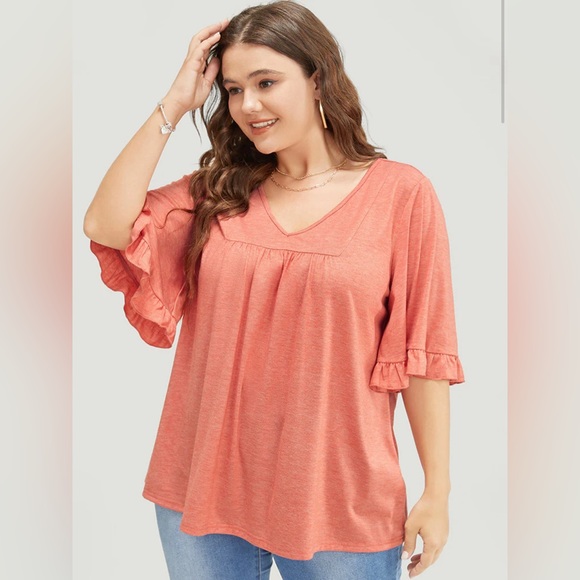 BloomChic | Tops | Bloomchic Color Coral Solid Gathered Ruffle Trim ...
